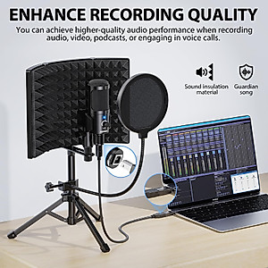 Studio Recording Microphone Isolation Shield with Pop Filter &Tri-Stand Kit Music Recording USB Condenser Mics to Laptop Pc Mac Phone Equipment for Singing Song
