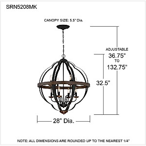 Quoizel SRN5208MK Siren Metal and Woods Foyer Pendant Chandelier, 8-Light 480 Total Watts, 33" H x 28" W, Marcado Black