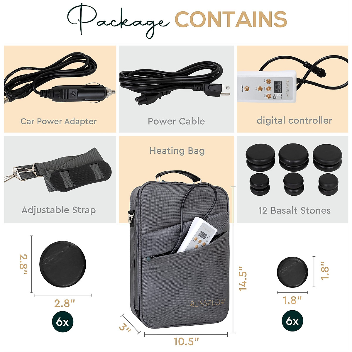 BlissFlow Massage Stone Warmer Set - Portable Heater Travel Carrying Bag - 12 Basalt Massage Heating Stones - Electric & Digital Control Stone Warmer