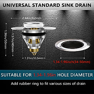 Bathroom Sink Drain Stopper | Upgraded Sink Strainer Basin Pop Up Drain Filter Plug with Anti-Clogging Hair Catcher for Bath Tub, Fits 1.34-1.96” Drain Hole
