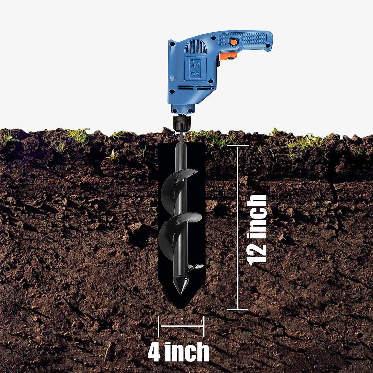 Jayzod 4"x12" Solid Auger Drill Bit for Planting，Garden Auger Spiral Drill Bit,Bulb & Bedding Plant Augers,Plants Drill bit for 3/8” Hex Drive Drill Light Black