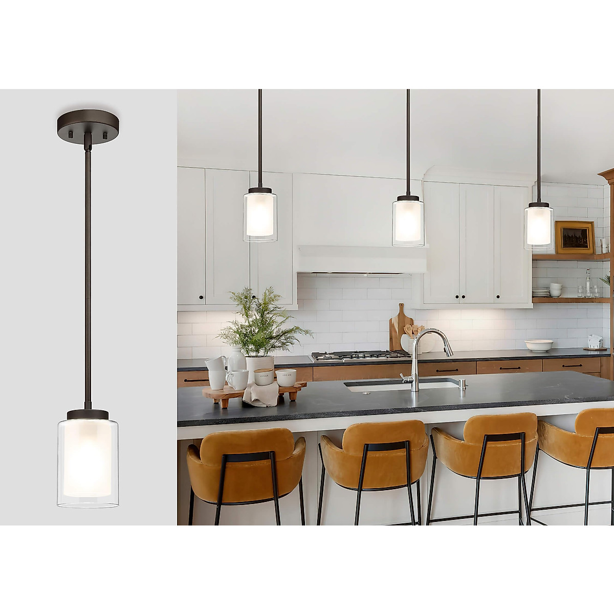 XiNBEi Lighting Pendant Lighting Modern 1 Light Mini Pendant Light with Dual Glass in Dark Bronze, Adjustable Hanging Ceiling Light for Kitchen & Living Room XB-P1195-DB