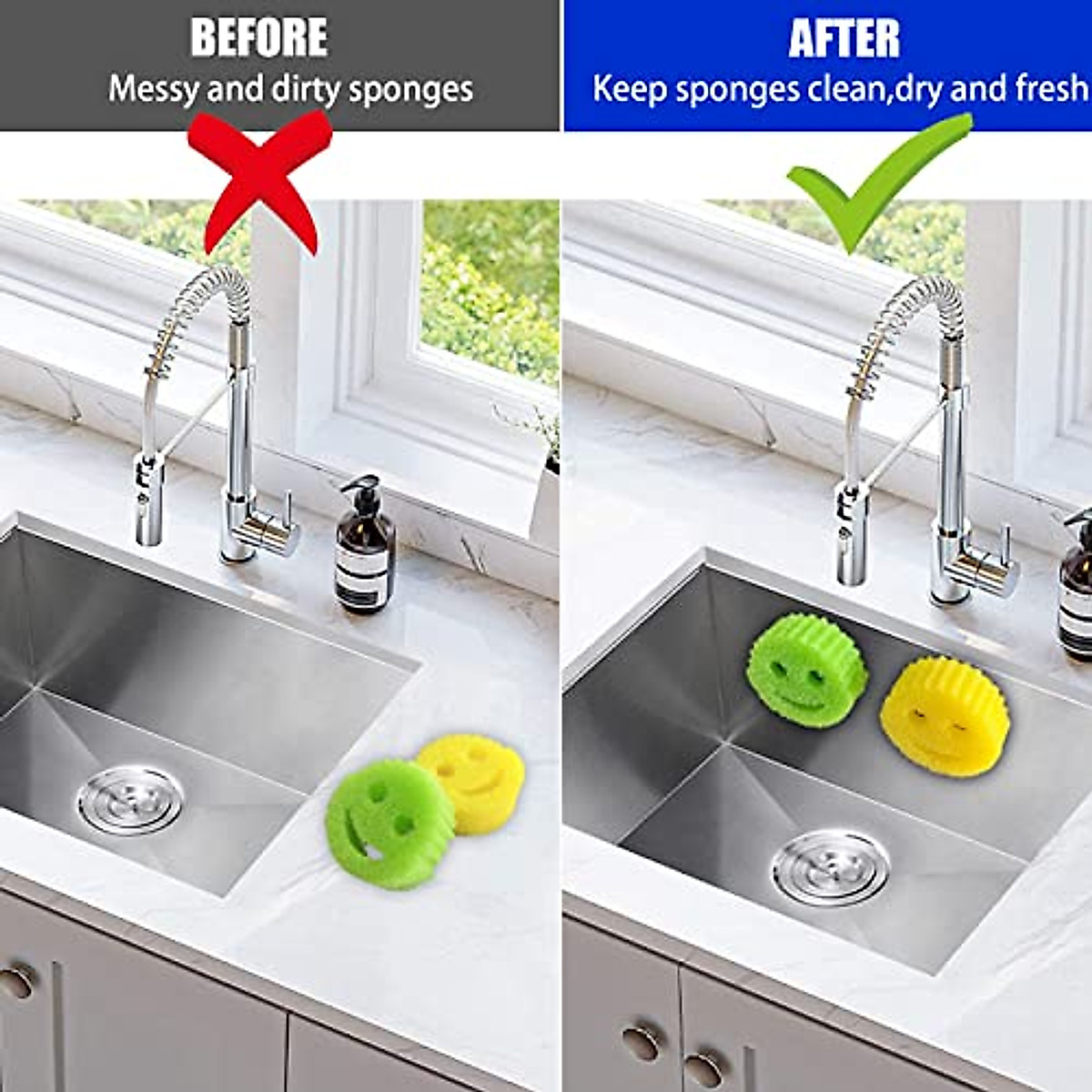 Sponge Holder | Sponge Caddy | Suction Cup Installation, Sponge Organizer for Kitchen/Bathroom Sink, Self Draining, Dishwasher Safe for Holding Smiley Sponges(Does NOT Include Sponge), White(2-Pack)