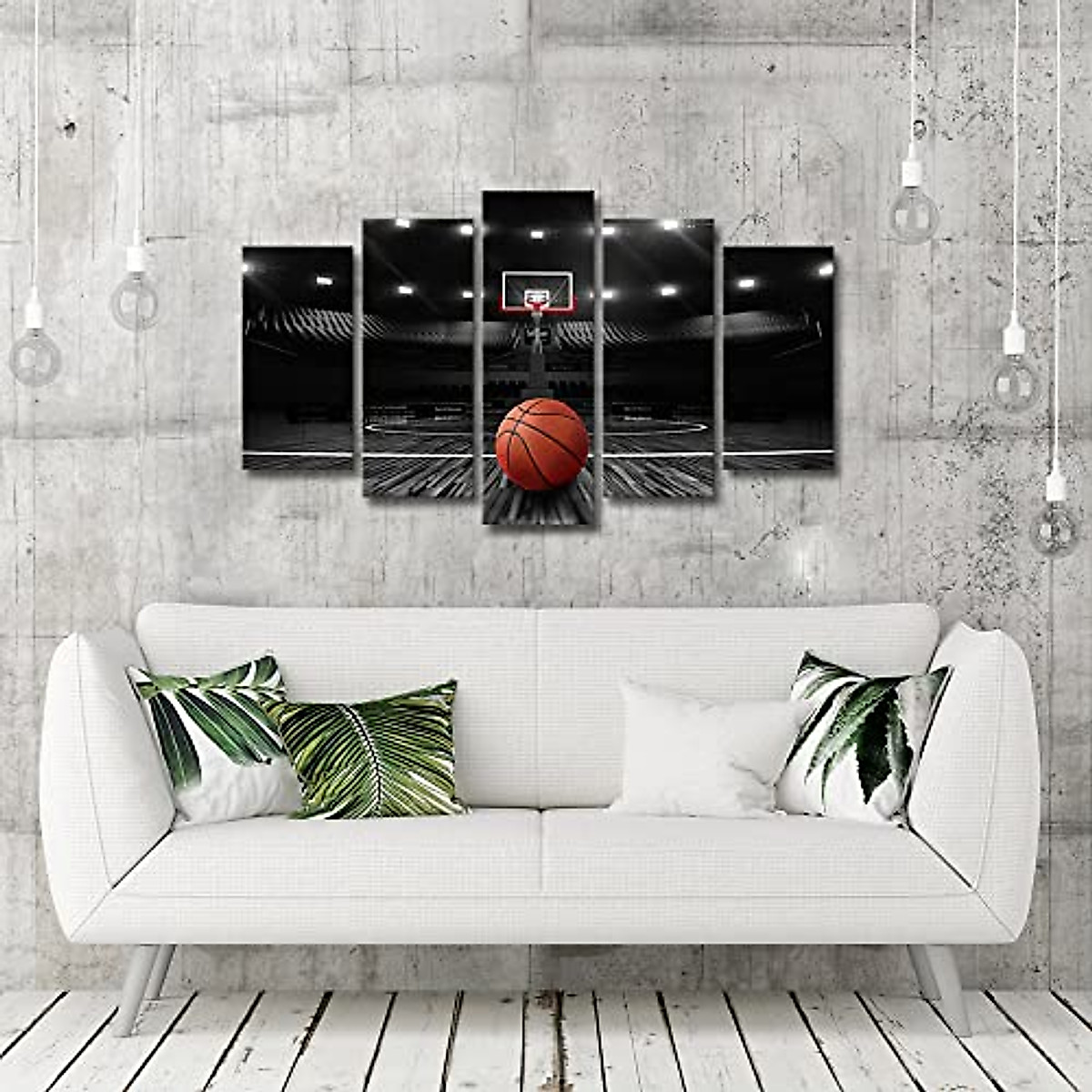 Derkymo 5 Pieces Basketball Court Pictures for Bedroom Black and White Canvas Wall Art Sports Painting Prints Artwork for Living Room Boys Room Stretched and Framed Ready to Hang 24"x40"(5 Pieces)