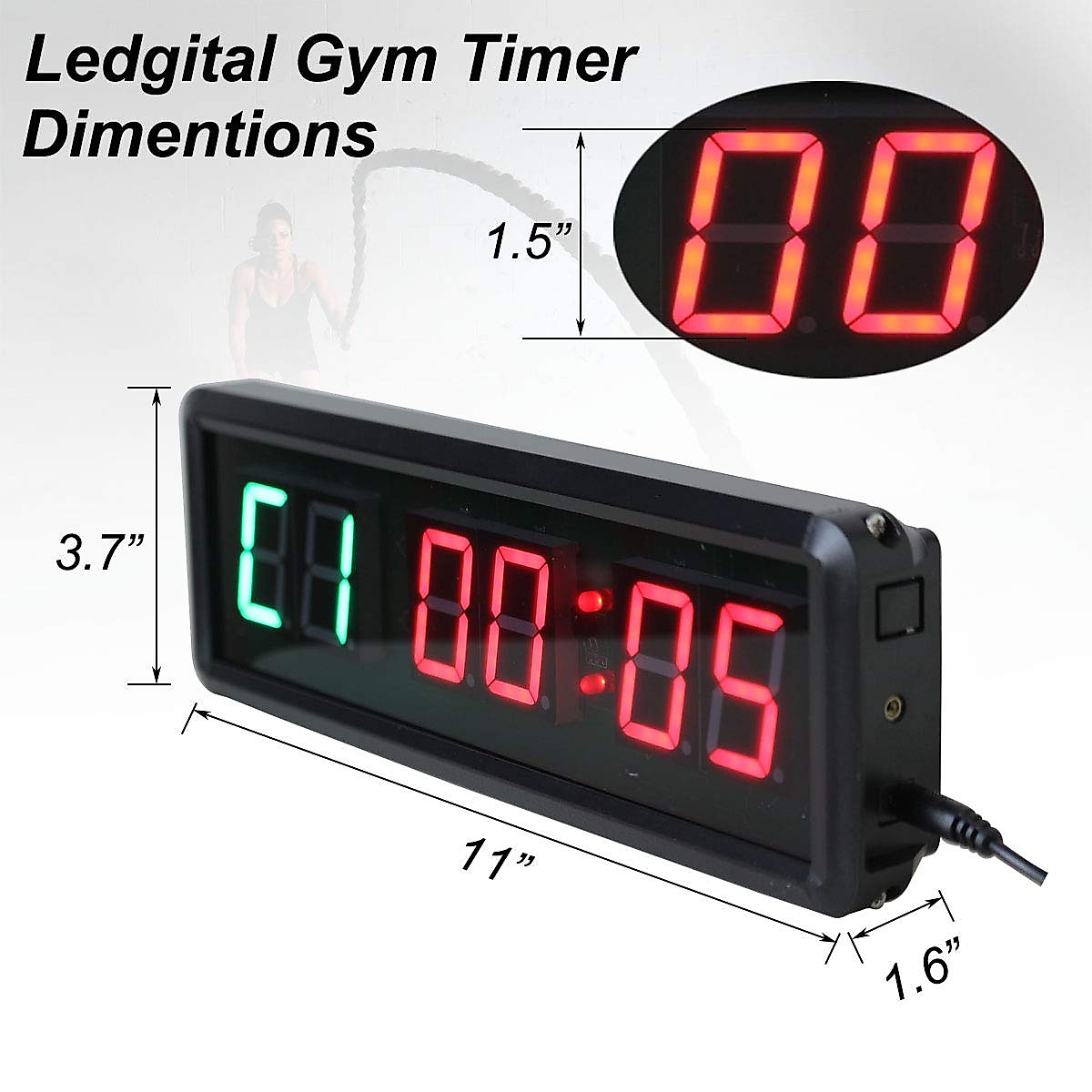 Ledgital Large Workout Clock for Home Gym, 11" Wall Mount Gym Timer Clock with Remote, (1.5-inch Digits, Green+Red)