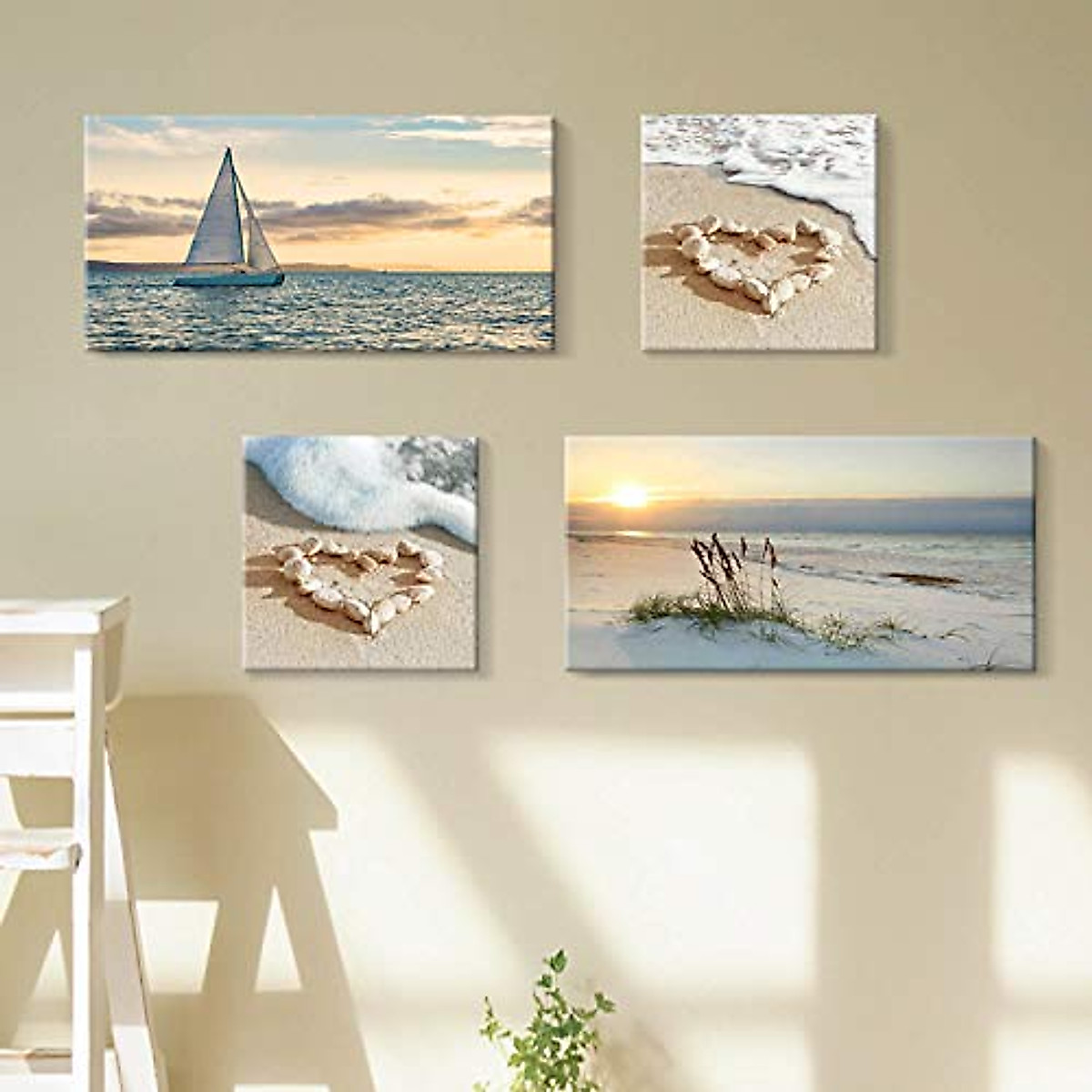 Hardy Gallery Beach Picture Sunset Canvas Art: Seascape Painting with Sailboat & Coastal Conch Artwork Wall Art for Bedroom (24'' x 12'' x 2 Panels + 12'' x 12'' x 2 Panels)