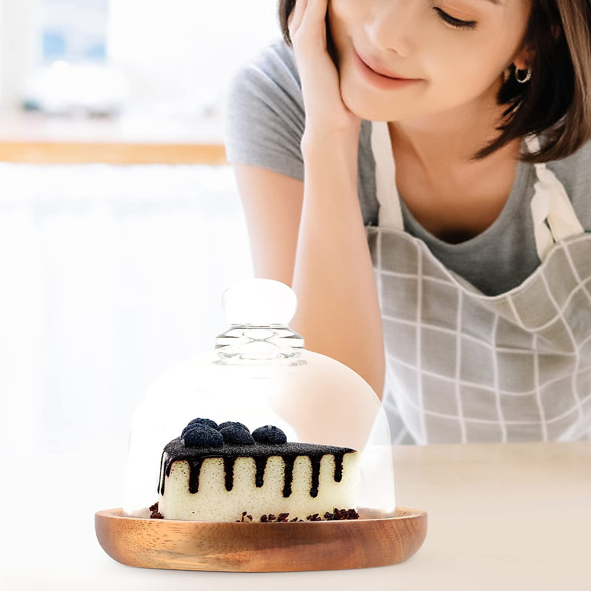 OUNONA Glass Cake Pan Cake Cover Wood Cake Stand with Dome Glass Cake Dome Cover Cheese Cloche Dome Glass Flower Cover Glass Cake Stand Dessert Display Cover Wooden Paper Cup Bracket