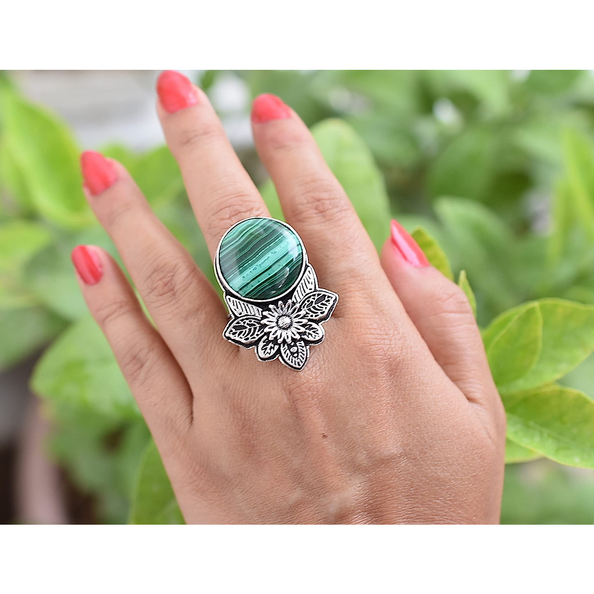 Rekha Gems Malachite Ring-925 Sterling Silver Ring-Vintage Ring-Handmade Ring-Birthday Gift-Green Gemstone Ring-Boho and Hippie Ring-Birthstone Ring-Malachite Jewelry- RMK13 (4.50 US)