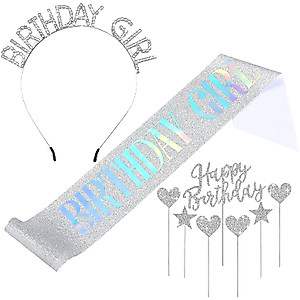 WILLBOND Birthday Tiara and Sash Kit Girls Rhinestone Happy Birthday Crown Headband Cake Toppers Party Favors