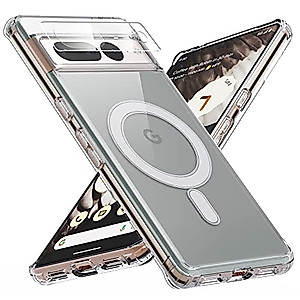 MAKAVO for Pixel 7 Pro Case, Magnetic Case Compatible with MagSafe, Slim Thin Hard Back & Soft Edges Crystal Clear Cover Shockproof Phone Shell with Camera Lens Protector