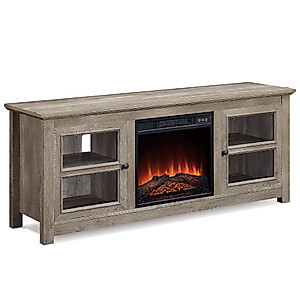 BELLEZE Modern 58 Inch Farmhouse TV Stand with 18 Inch Electric Fireplace & Media Entertainment Center Console Table for TV up to 65 Inch with Open Storage Shelves & Cabinets - Kenton (Ashland Pine)