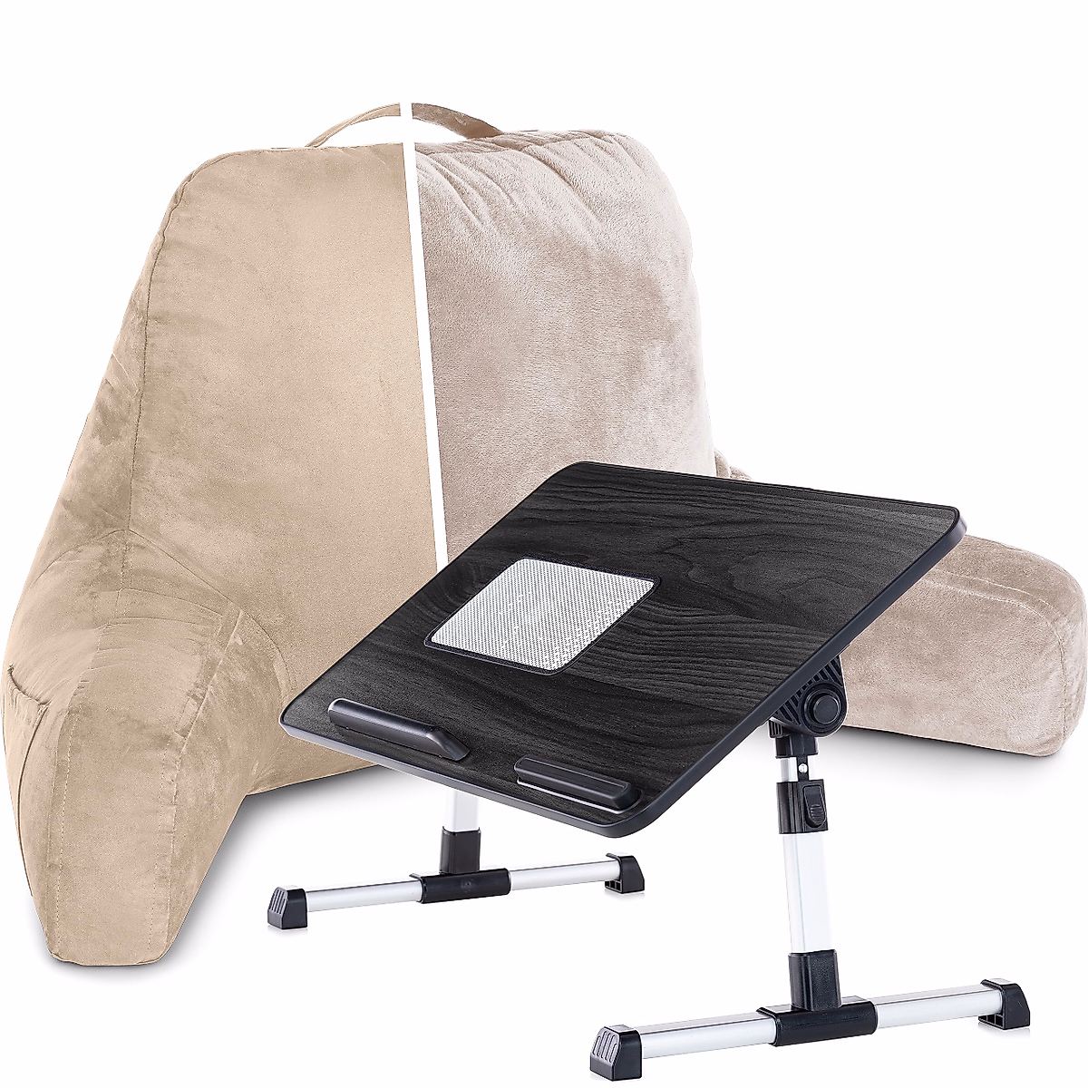 Husband Pillow Combo - Backrest Pillow with Arms : Standard Taupe & Lap Desk Bed Tray : Grey - Aspen Memory Foam Reading Pillows for Bed & Laptop Bed Tray Table