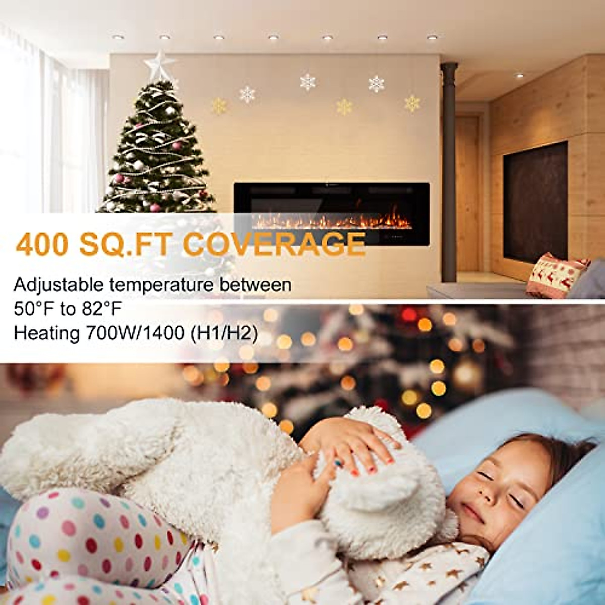 50" Electric Fireplace, Cool to The Touch Fireplace Heater, Recessed and Wall Mounted Fireplaces with Timer Remote Control Adjustable Flame Color, Black NO Bracket