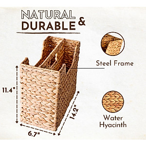 Chi An Home Wicker Magazine Basket, Water Hyacinth Basket for Files, Rattan Newspaper Rack Skinny Wicker Basket for Books & Files, Divided Hyacinth Basket With Handle (Medium)