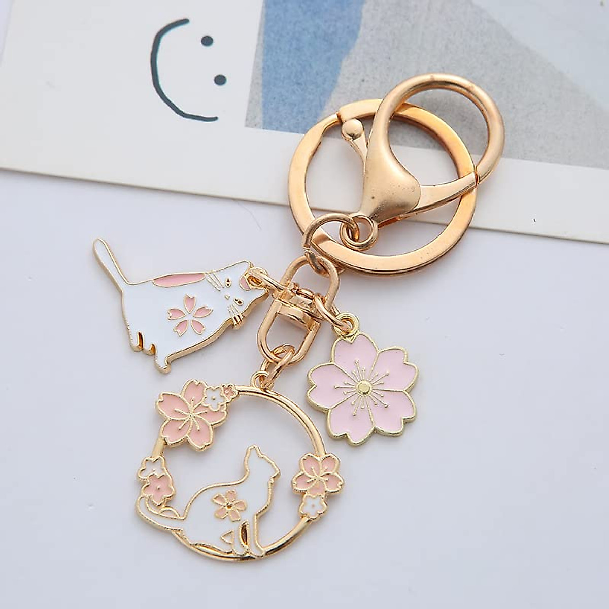 Fuqimanman2020 Cute Metal Rabbit Keychain Pink Red Drop Oil Cherry Blossom Rabbit Keychain for Women Gift-Cat