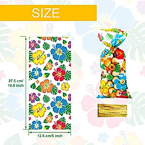 100 Hibiscus Cello Bag Tiki Party Supply Aloha Luau Party Decorations, Hibiscus Goody Bags Candy Cellophane Bag Treat Bags for Hawaii Party Summer Table Setting