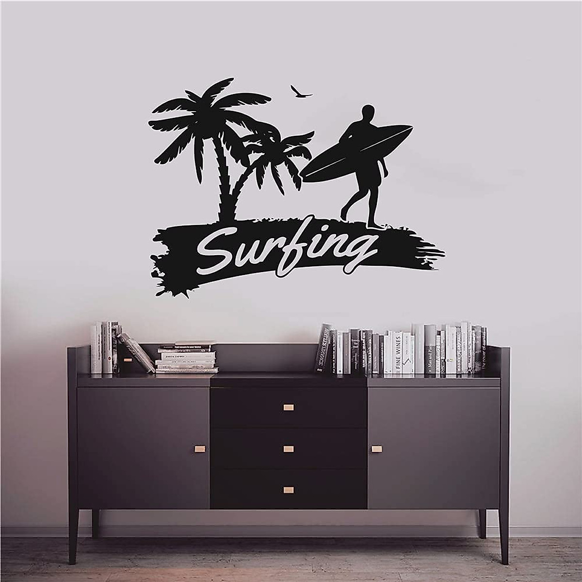 Vinyl Wall Art Surfing Wall Decal Gym Sports Boys Teenages Surf Board Palm Tree Wall Sticker Removable Wall Mural for Bedroom Living Room TM-62 (Black)
