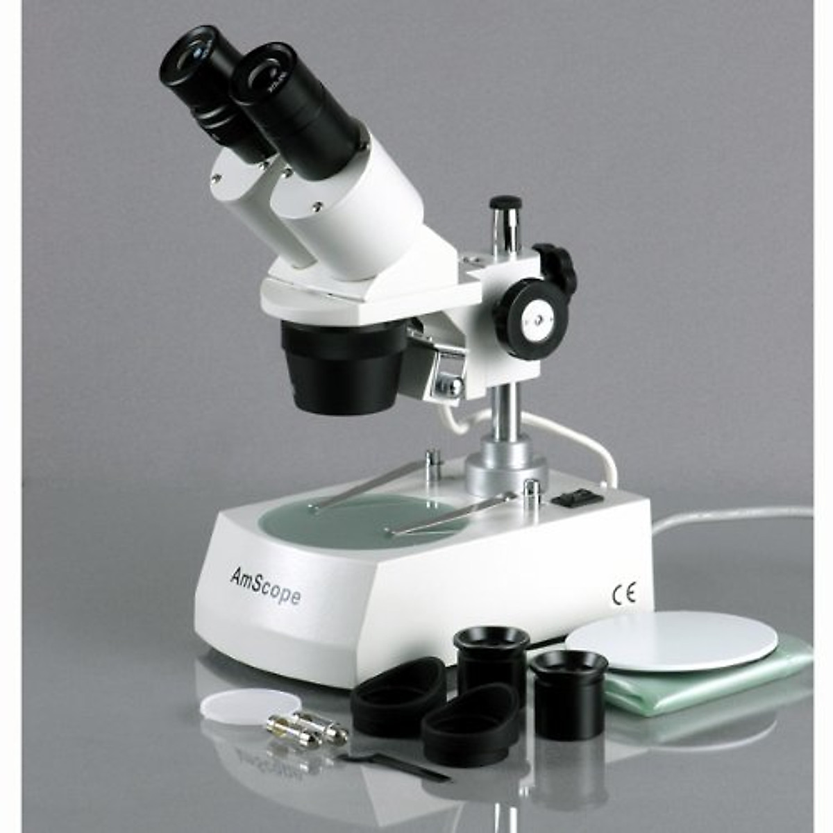 AmScope SE305R-PZ Forward Binocular Stereo Microscope, WF10x and WF20x Eyepieces, 10X-60X Magnification, 1X and 3X Objectives, Upper and Lower Halogen Light Source, Pillar Stand, 120V , White