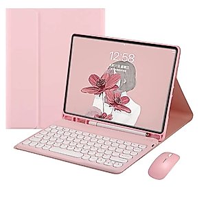 Keyboard Case for iPad Mini 7th/6th Generation 8.3 Inch, Case for iPad Mini 7 A17 Pro/Mini6 Keyboard with Mouse, Cute Round Key Detachable Keyboard Case with Pencil Holder, Pink