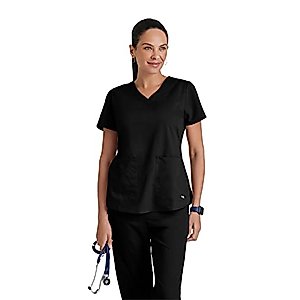 Grey's Anatomy Women's Two Pocket V-Neck Scrub Top with Shirring Back, Black, Medium