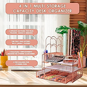 Desk Organizers and Accessories, 4 Tier Desk Organizers with 5 Upright Sections, 2 Pen Holders and Drawer, Desk accessories & workspace organizers, for School Home Office Supplies Organizer, Rose Gold