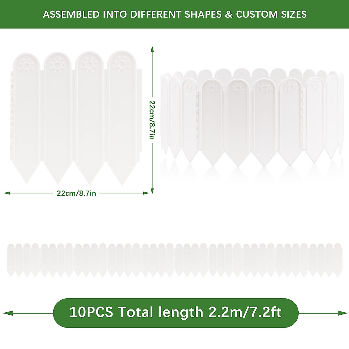 EEOCWF 10PCS White Garden Edging Borders, 8.66"X8.66" Plastic Garden Landscape Edging, 7.2ft Interlocking Decorative Garden Fences Edging, Lawn Edge Flower Bed Border for DIY Patio Walkways Yard