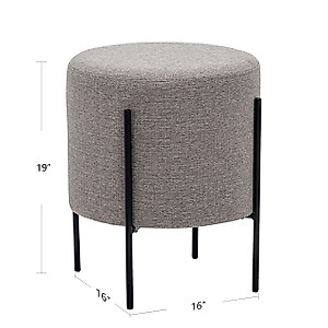 Wovenbyrd Modern Round Ottoman Footstool with Metal Base Legs, 16-Inch Wide, Gray Fabric