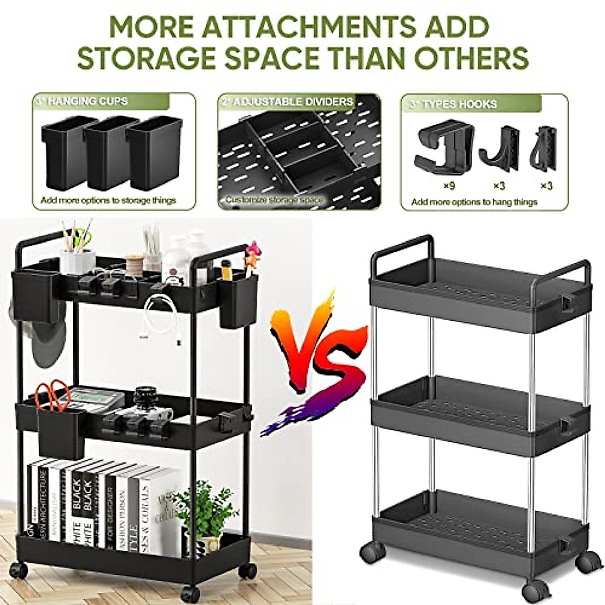 Mosxoed Slim Storage Cart Rolling Utility Cart with Wheels 3 Tier Mobile Bathroom Organizer Cart for Laundry Room Kitchen Office Narrow Space with Handle Hanging Cups Dividers, Black, 29" H