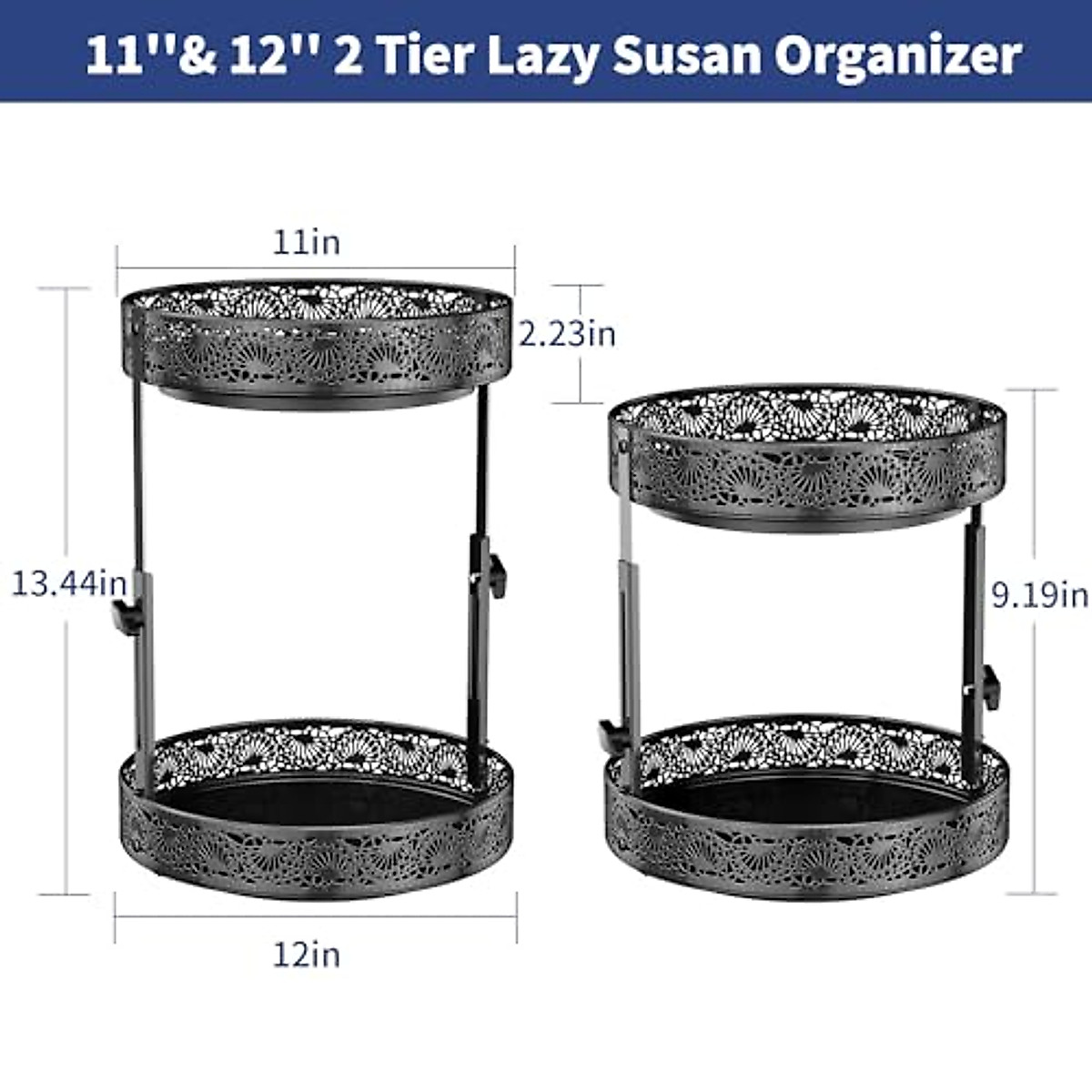 2 Tier Lazy Susan Organizer, 2 Pack 11&12 Inch Lazy Susan Turntable for Cabinet Table, MESHDO Height Adjustable Cabinet Organizer Spice Rack with Non-Slip Pad for Kitchen Bathroom Pantry(Metal, Black)