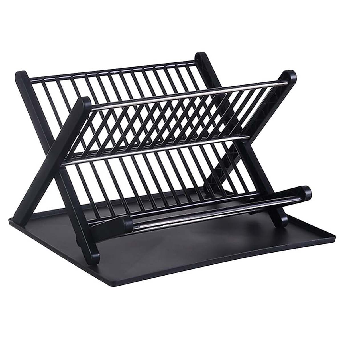 DOITOOL Stainless Steel Dish Drying Rack for Kitchen Counter: 2-Tier Dish Drainer Kitchen Plate Rack with Drainboard - Foldable and Compact for Space-Saving Storage, Black