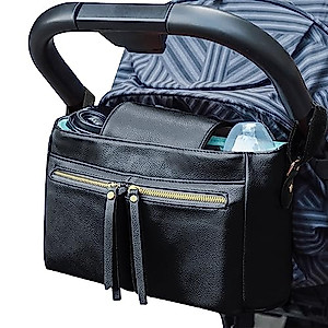 MOMINSIDE Stroller Organizer with Insulated Cup Holders, 10 Pockets Stroller Accessories Leather, Universal Stroller Caddy, Adjustable Straps, Zippered Pocket, Fit All Strollers (Black)