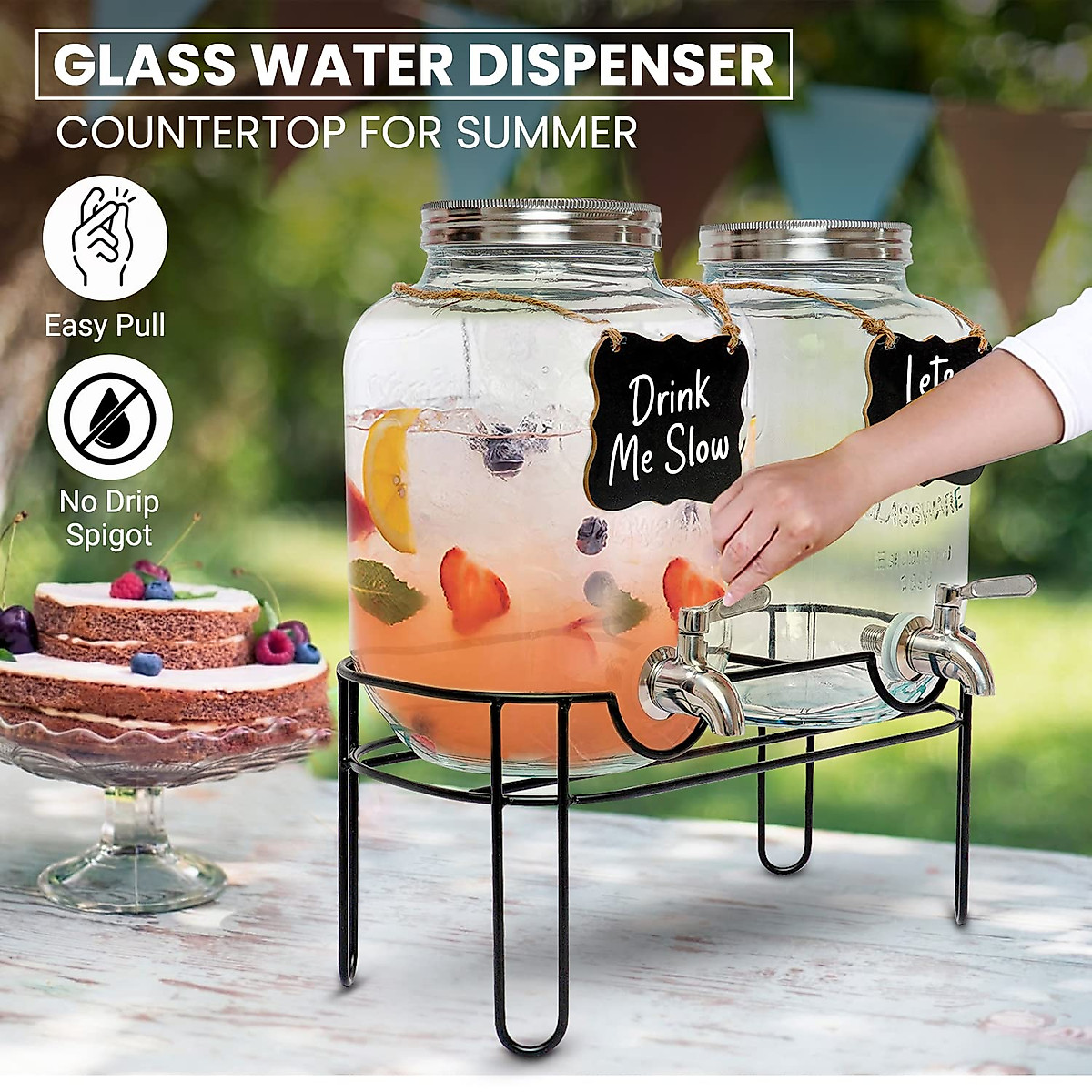 CHENE DE SAINT MARS Glass Drinks Dispenser with Metal Stand, Drinks Dispenser for Parties, Water Jug Dispenser, Water Dispenser Countertop, Beverage Dispenser with Stand, Lemonade Stand for Kids,