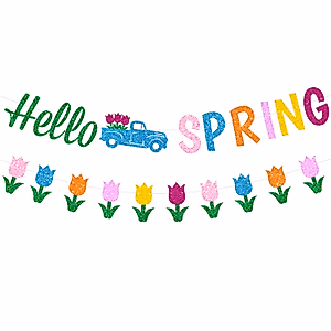JKQ Glitter Hello Spring Banner with Tulip Truck Signs and Colorful Glittery Tulips Banner Hello Spring Tulips Flowers Garland Banner Spring Easter Birthday Party Fireplace Mantle Decorations