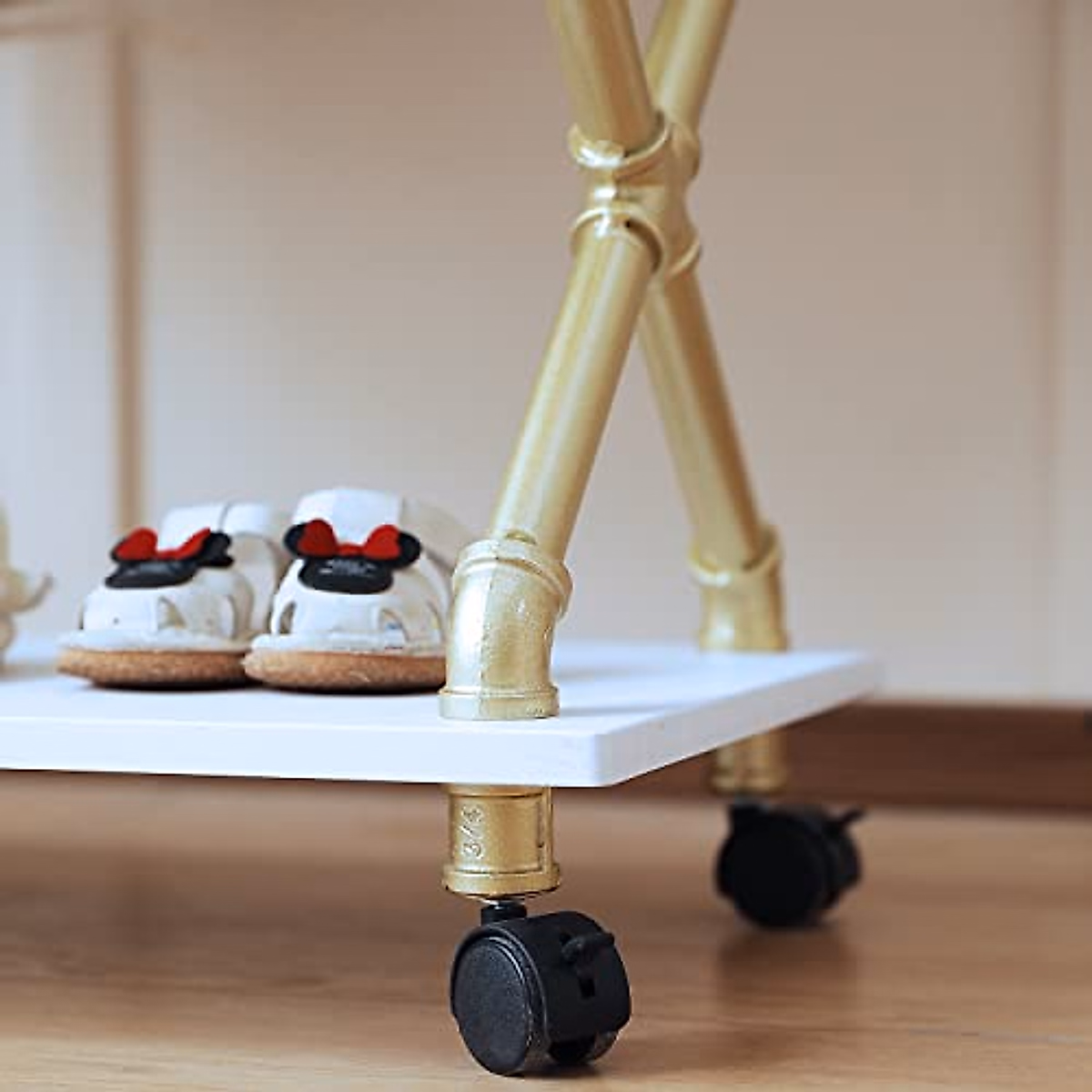 Child Clothes Rack, Kids Garment Rack Armoire Dress-up Closet, Rolling Pipe Open Clothing Rack with Wood Storage Shelf, Industrial Modern Kids Wardrobe Costume Organizer Center with 2 Hanging Rods