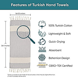 sea me at home 2 Pack Decorative Turkish Hand Towels for Bathroom with Bohemian Design (Set of 2), 100% Turkish Cotton Farmhouse Boho Kitchen Towel Set, 16 x 36 Inches (Light Gray)