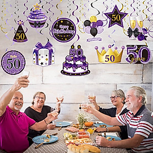 30 Pieces 50th Birthday Decorations 50th Birthday Party Hanging Swirl Decorations, Purple Gold Happy 50th Birthday Swirls Foil Ceiling Decorations for Cheer 50th Birthday Anniversary Party Supplies