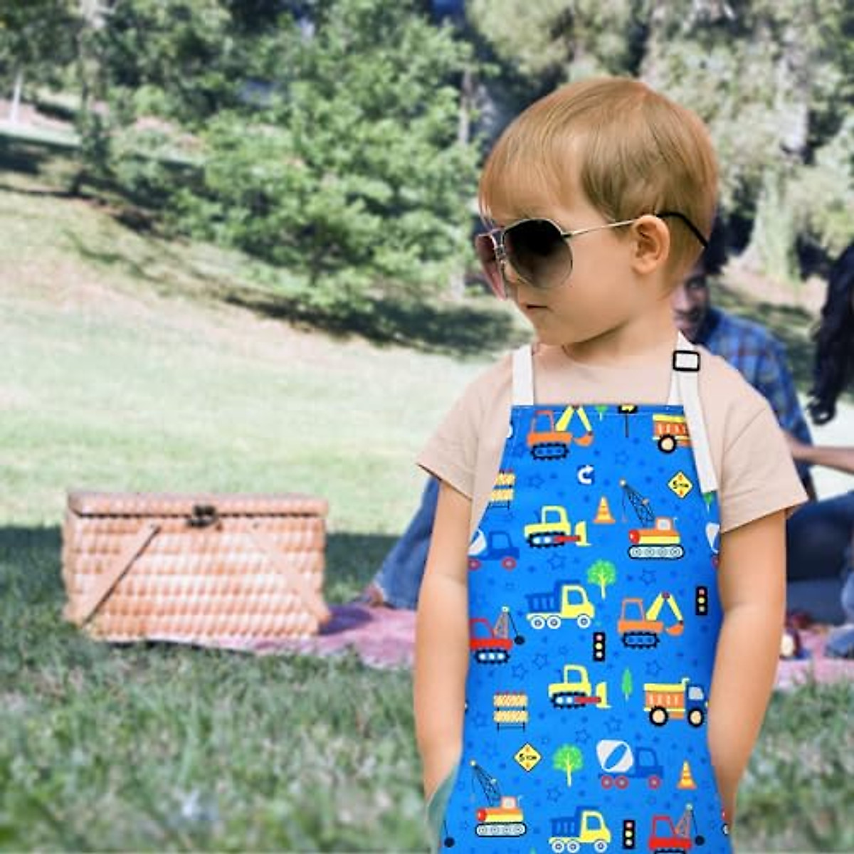 ASPMIZ Blue Kids Apron, Cartoon Vehicles Toddlers Apron for Boys, Tractor Childrens Aprons for Girls Adjustable Waterproof Child Apron for Gardening Crafting Cooking, Kids Boys Girls Gift
