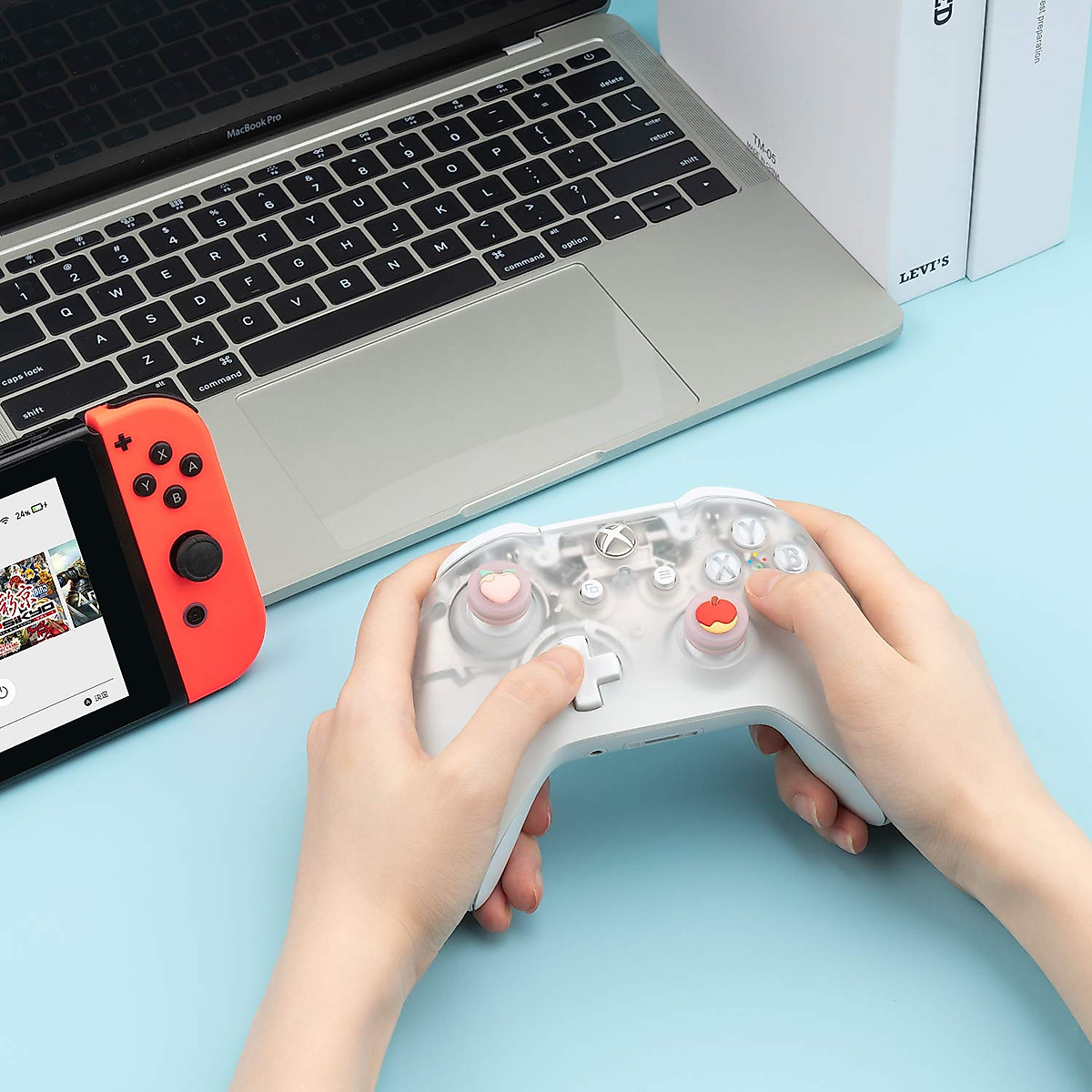 GeekShare Fruits Theme Xbox One Controller Thumb Grips, Thumbsticks Cover Set Compatible with Xbox One Controller, 2 Pair / 4 Pcs - Peach and apple