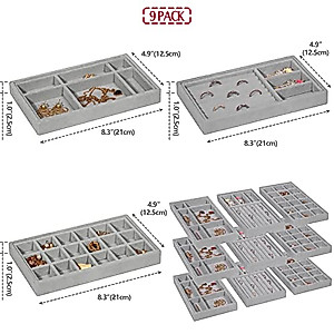 DIOMMELL Set of 9 Stackable Velvet Jewelry Trays Organizer, Jewelry Storage Box Display Trays Showcase Holder Closet Dresser Drawer Organizer for Earring Necklace Bracelet Ring Accessary