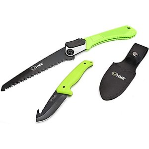 HME Folding 8" Hand Saw & 9.5" Fixed Black Oxide Blade Gut Hook Knife Hunting Combo for Game & Wood Processing