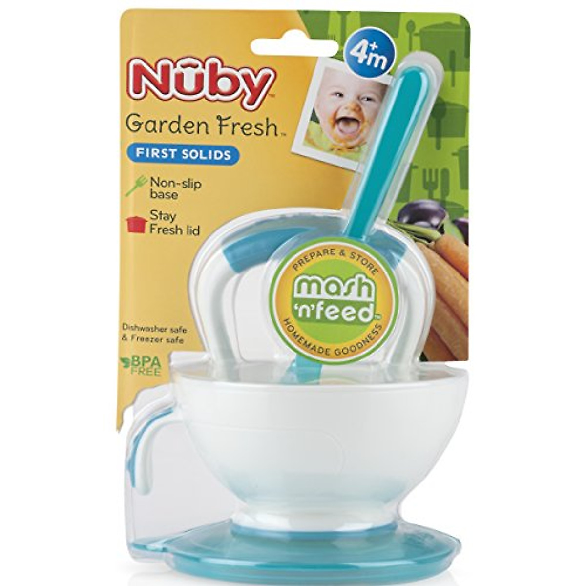 Nuby Garden Fresh Mash N' Feed Bowl with Spoon and Food Masher, Colors May Vary