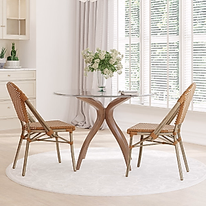 EMMA + OLIVER Colmar Bistro Chair - Natural & White Woven PE Seat and Back - Light Bamboo Finish Aluminum Frame - Set of Two