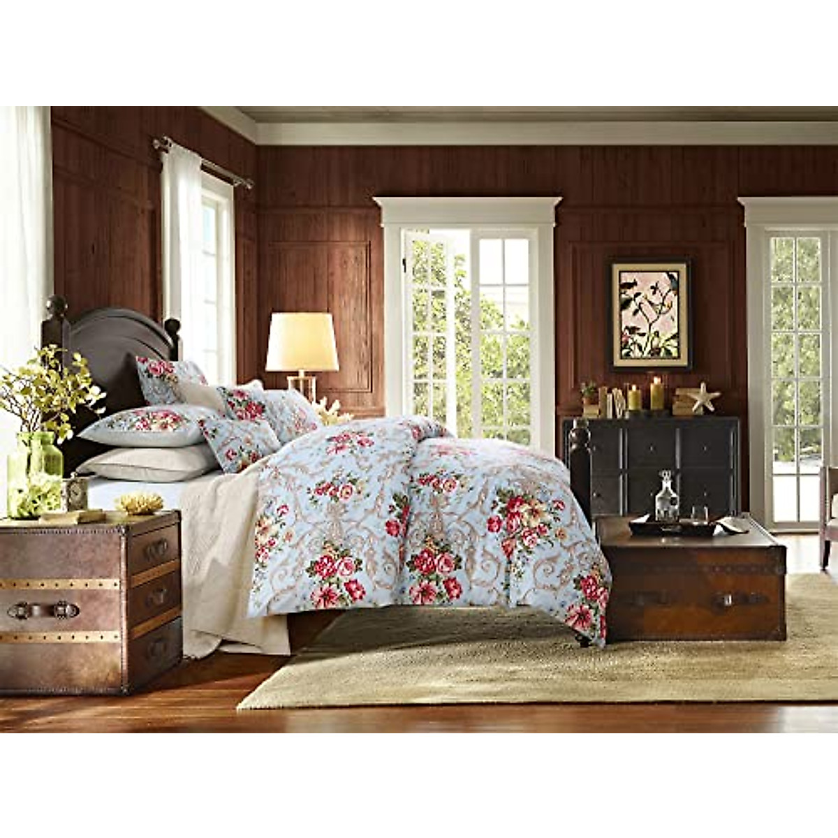 ABREEZE Vintage Floral Duvet Cover Set-100% Egyptian Cotton Peony Bedding Sets Leave Print Bedding Set-Breathable and Soft Duvet Cover Set for All Seasons(King)