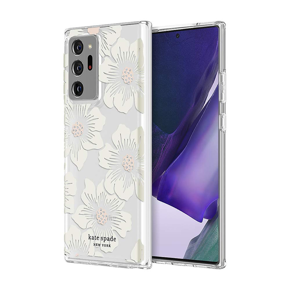 kate spade new york Protective Hardshell Case (1-PC Comold) for Samsung Note 20 Ultra & Samsung Note 20 Ultra 5G - Hollyhock Floral Clear/Cream with Stones/Cream Bumper