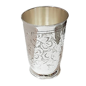 PARIJAT HANDICRAFT Brass beautifully embossed mint julep cup, water tumbler, drinking glass coated with silver