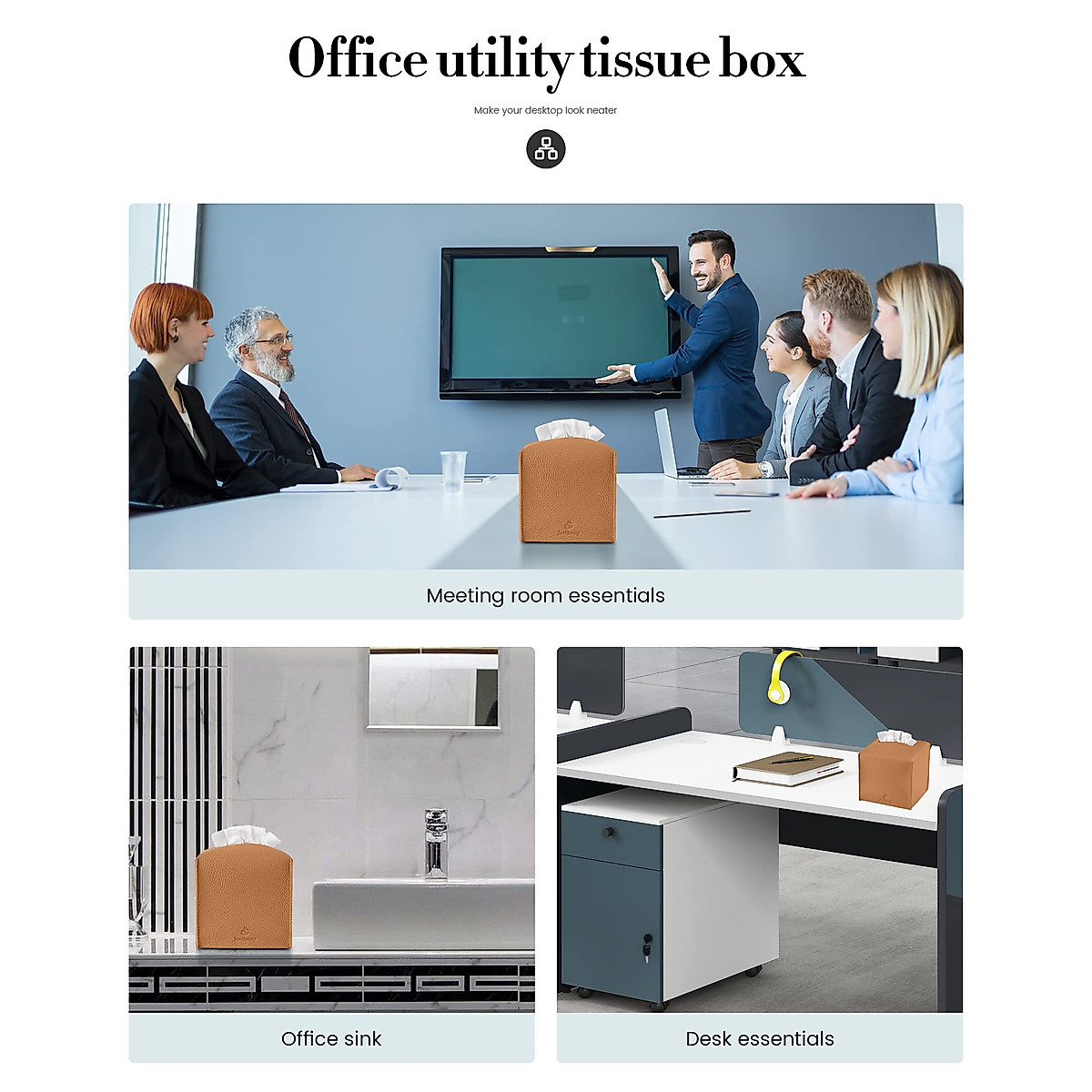 Tissue Box Cover, Jeethemy Square PU Leather Tissue Box Holder, Modern Tissue Case Facial Paper Organizer Dispenser，5X5X5'',Single Brown