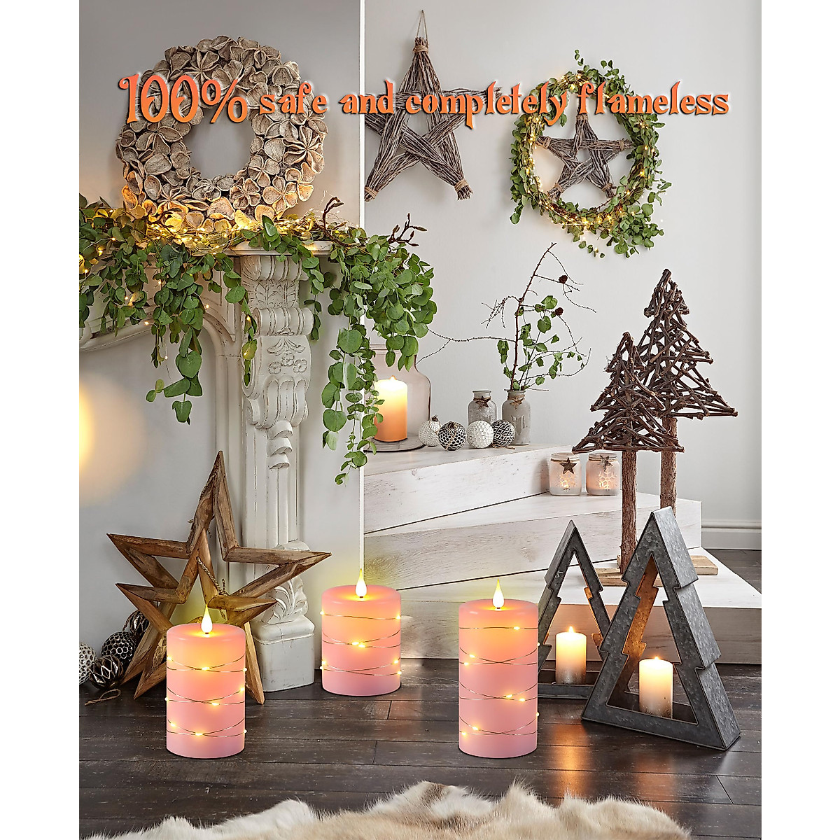 Upinmz Flameless Candle Battery with String of Lights Battery Powered LED Candle Flashing Candle with Remote Control and Timer 3 Packs (Pink)