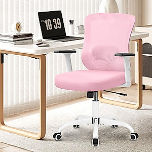 Winrise Office Chair Ergonomic Desk Chairs with Lumbar Support and Flip-up Arms, Comfortable Breathable Mesh Computer Executive Chair with Swivel Task, Adjustable Height 4'', Home, Bedroom -Pink