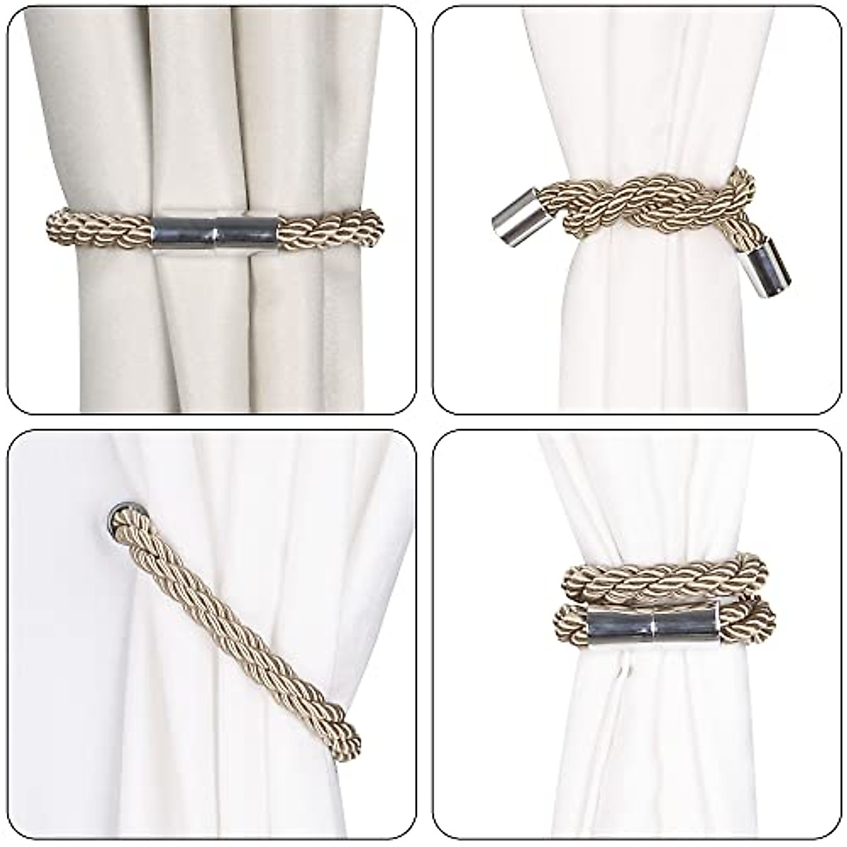 Groleca 2 Pack Strong Magnetic Curtain Tiebacks Curtain Holdbacks Curtain Pull Backs Curtain Ties Curtain Tie Backs with Thicker Twist Rope & Upgrade Strong Magnetic Tiebacks for Curtains (Camel, 2)