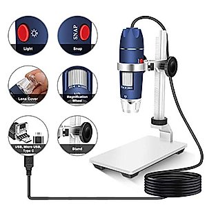 Jiusion HD 2MP USB Digital Microscope 40X to 1000X Portable Magnification Endoscope Camera with 8 LEDs Aluminum Alloy Stable Stand for OTG Android Mac Windows 7 8 10 11 Linux
